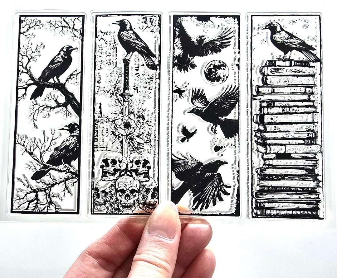 Clear Stamps CROW BOOKMARK Book Skull Tree Halloween Rubber Stamping ...