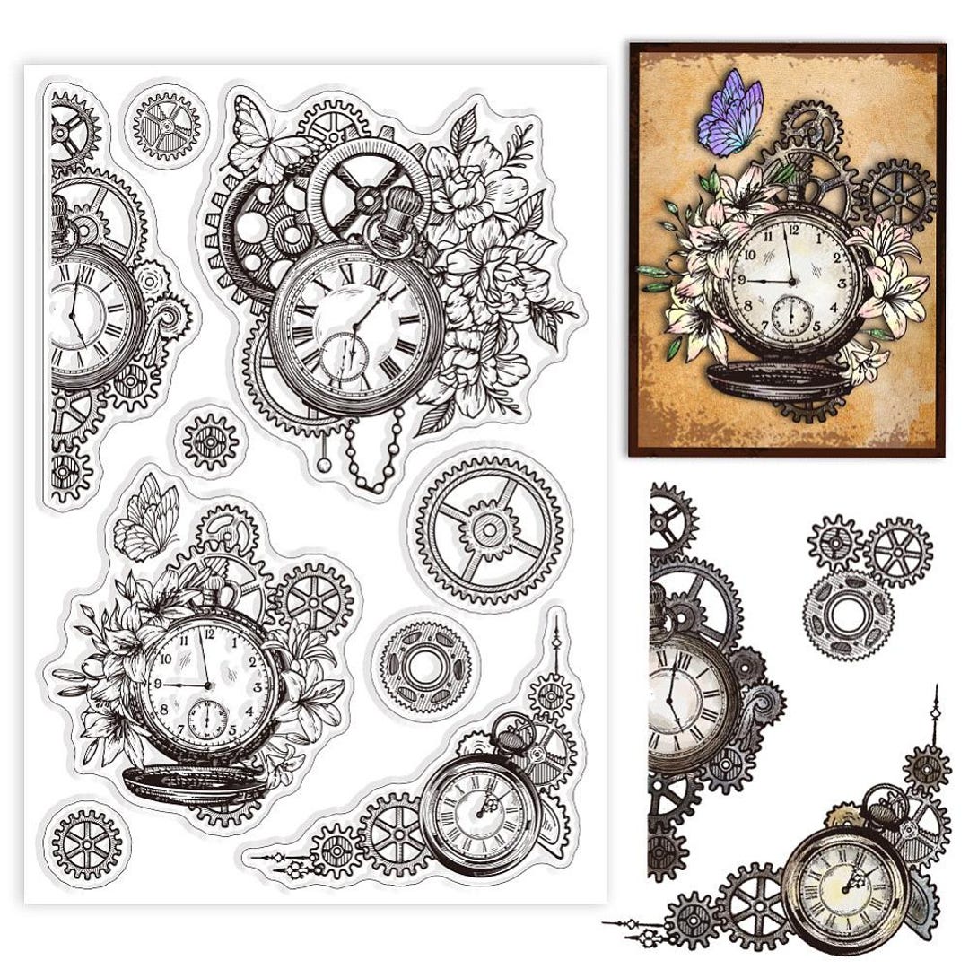 Clear Stamps STEAMPUNK POCKET WATCH Clock Gears Cogs Flowers Butterfly ...