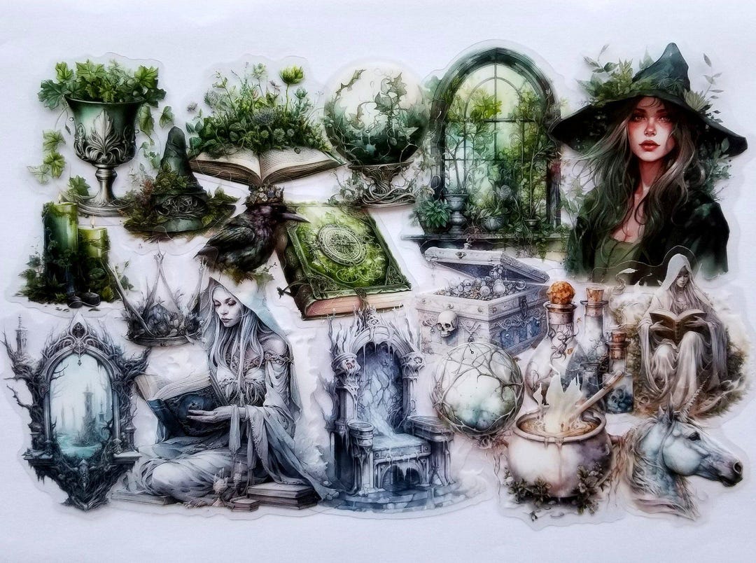 20 X Stickers GREEN & WHITE WITCH Halloween Card Making Scrapbooking ...