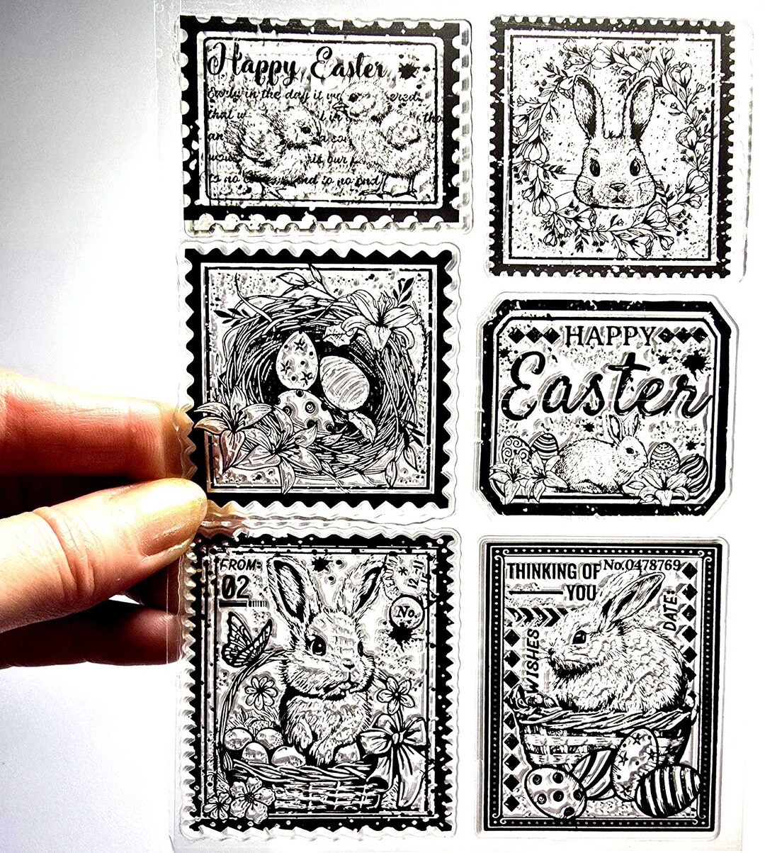 Clear Stamps HAPPY EASTER Postage Stamp Egg Bunny Rabbit Chick Rubber ...