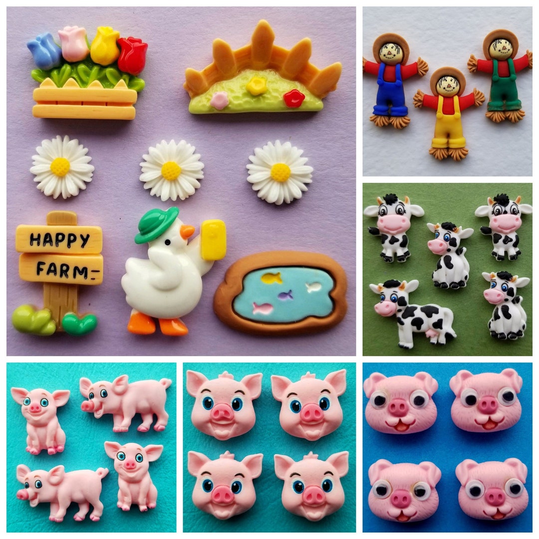 Resin Flat Backs FARM ANIMALS Craft Cabochons Pig Cow Scarecrow Duck ...