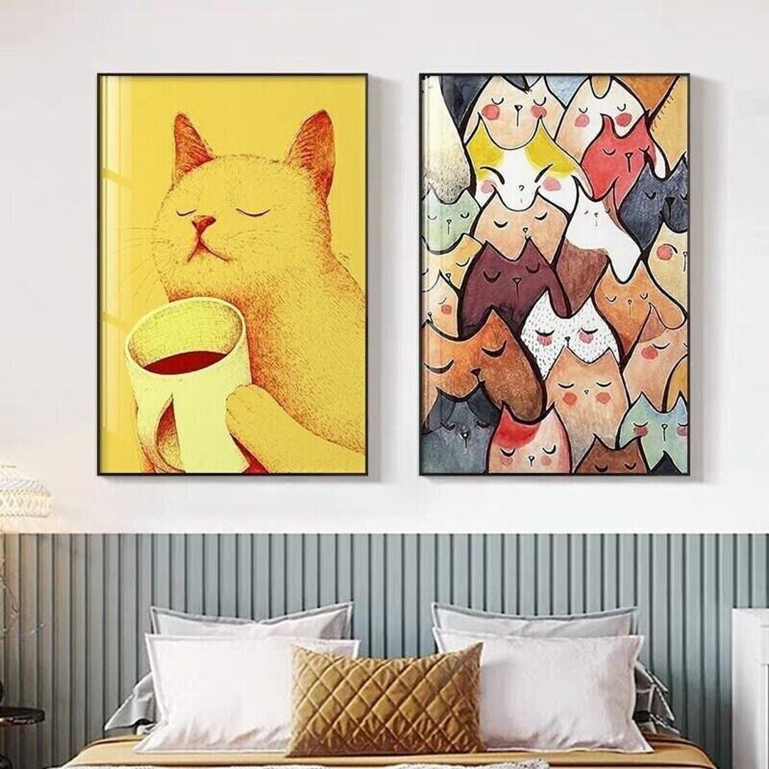 Abstract Cartoon Cat Wall Prints for Living Room or Bedroom Modern Art ...