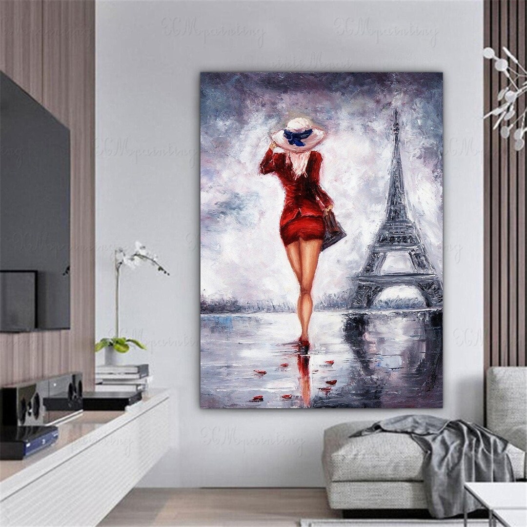 Eiffel Tower and Woman Painting on Canvas, Red Dress Lady in Paris Wall ...