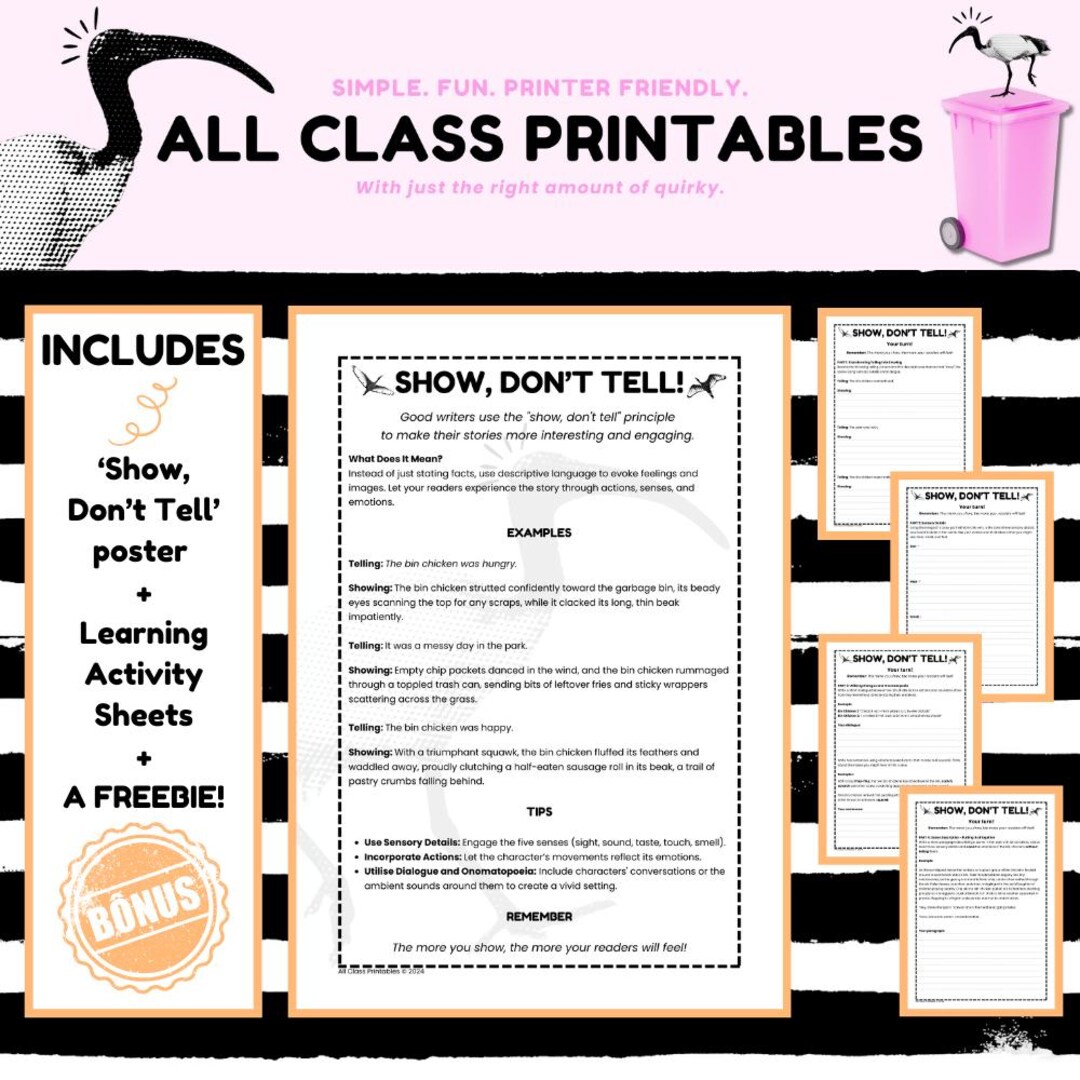 Bin Chicken Themed 'show, Don't Tell' Poster Learning Activity Sheets ...