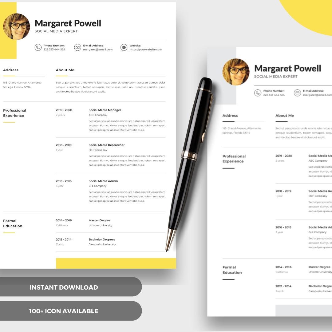 Professional Yellow & Silver Resume Template Instant Download Modern CV ...