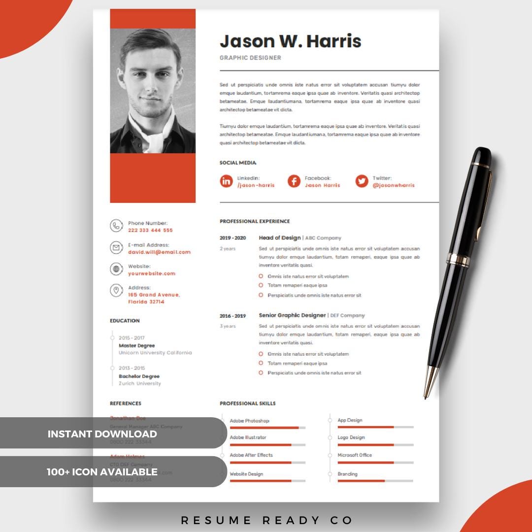 Modern Red Professional Resume Template Creative CV for Designers ...