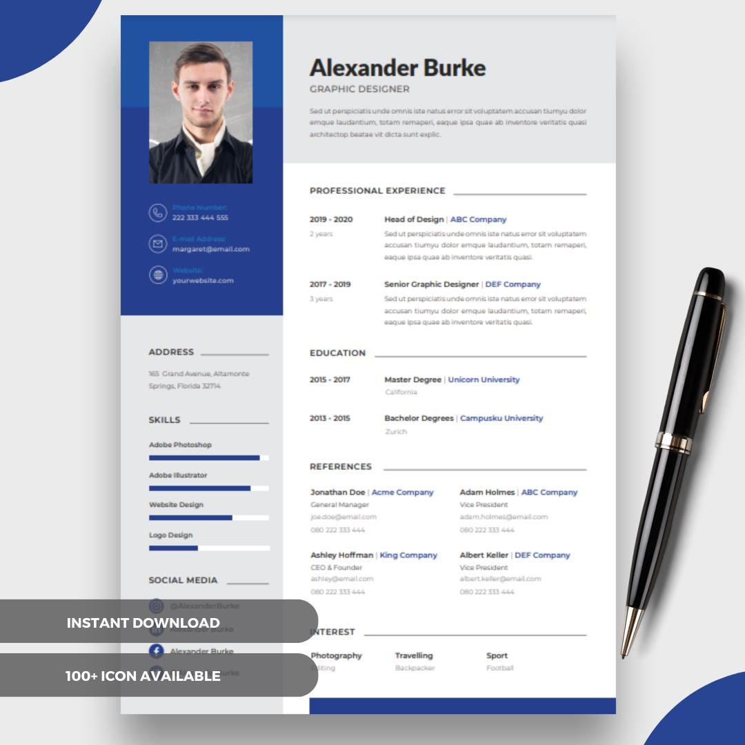 Professional Blue Resume Template Graphic Designer CV Editable and ...