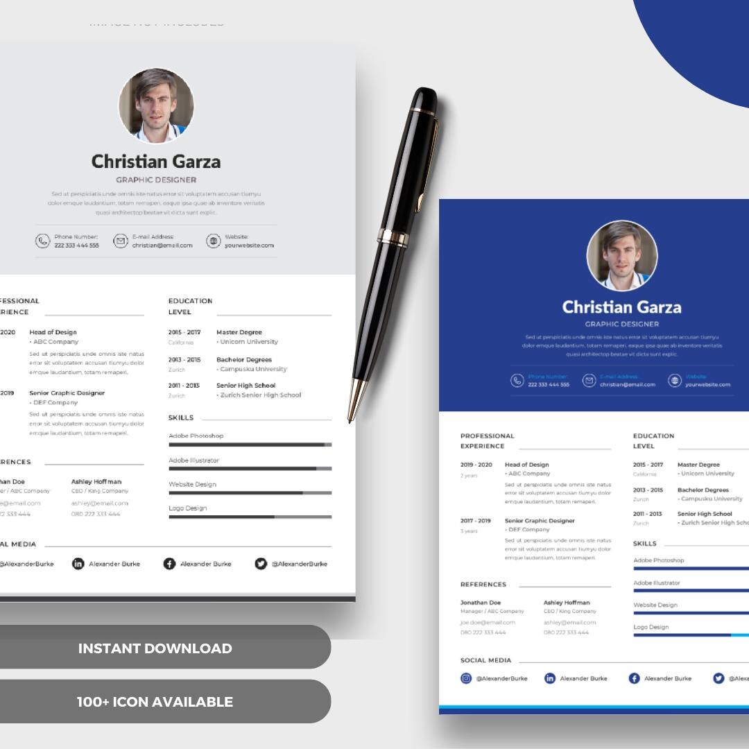 Professional Blue and Sliver Theme Minimalist Resume Template Graphic ...
