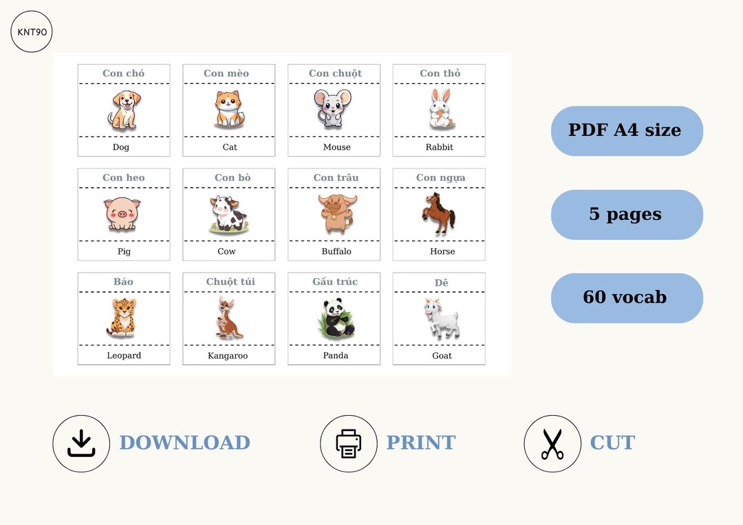 60 Vietnamese Animal Flashcards | Digital Printable | - Etsy