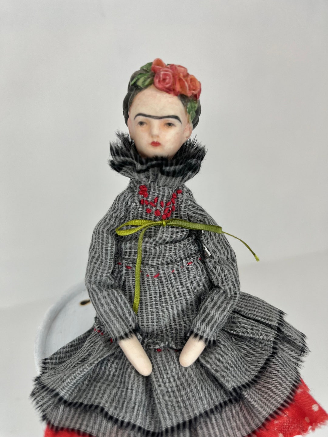 Ready to Ship Vintage Look Frida Doll in Dark Grey- Red Dress by Brusja ...