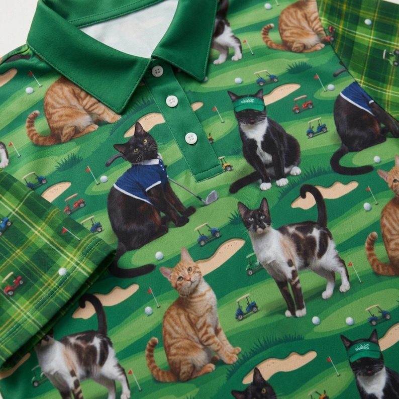Funny Cats on Golf Course Polo | Green Plaid Sleeve All-over Print - Etsy