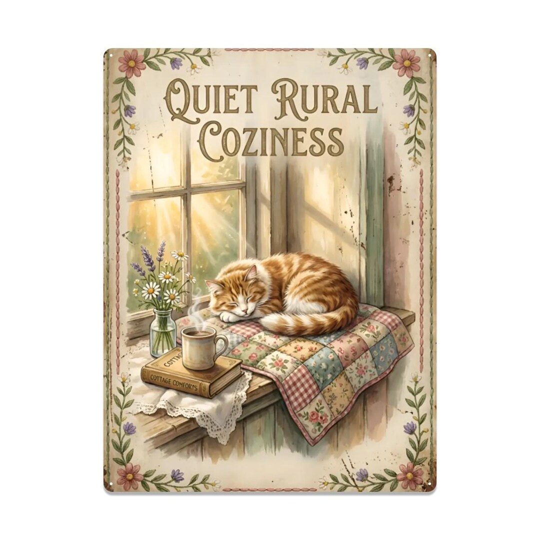 Rustic Country Tin Sign – Cozy Cat Wall Art, Cottagecore Window Nook ...