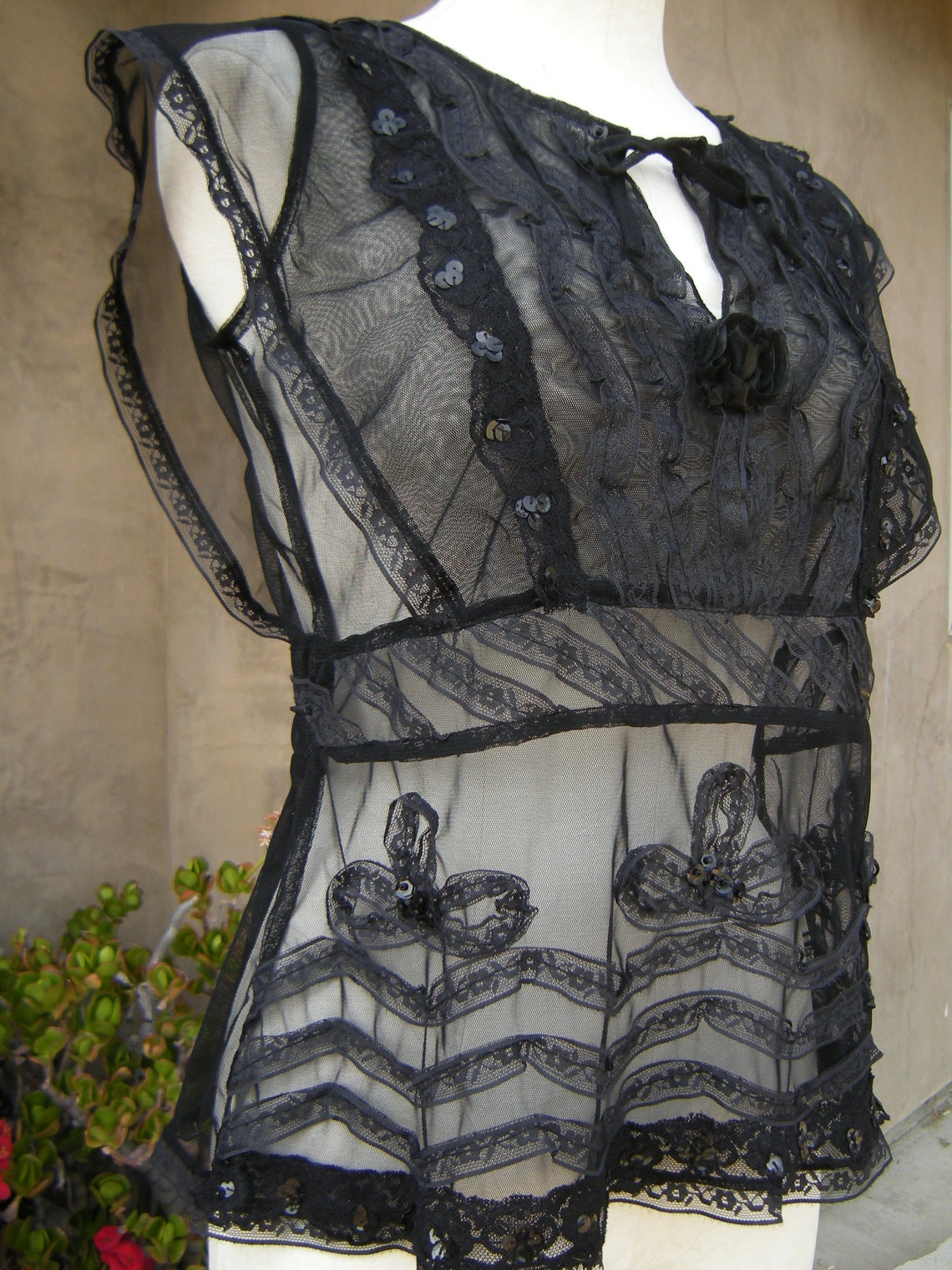 Sheer Black Mesh Top With Lace - Etsy