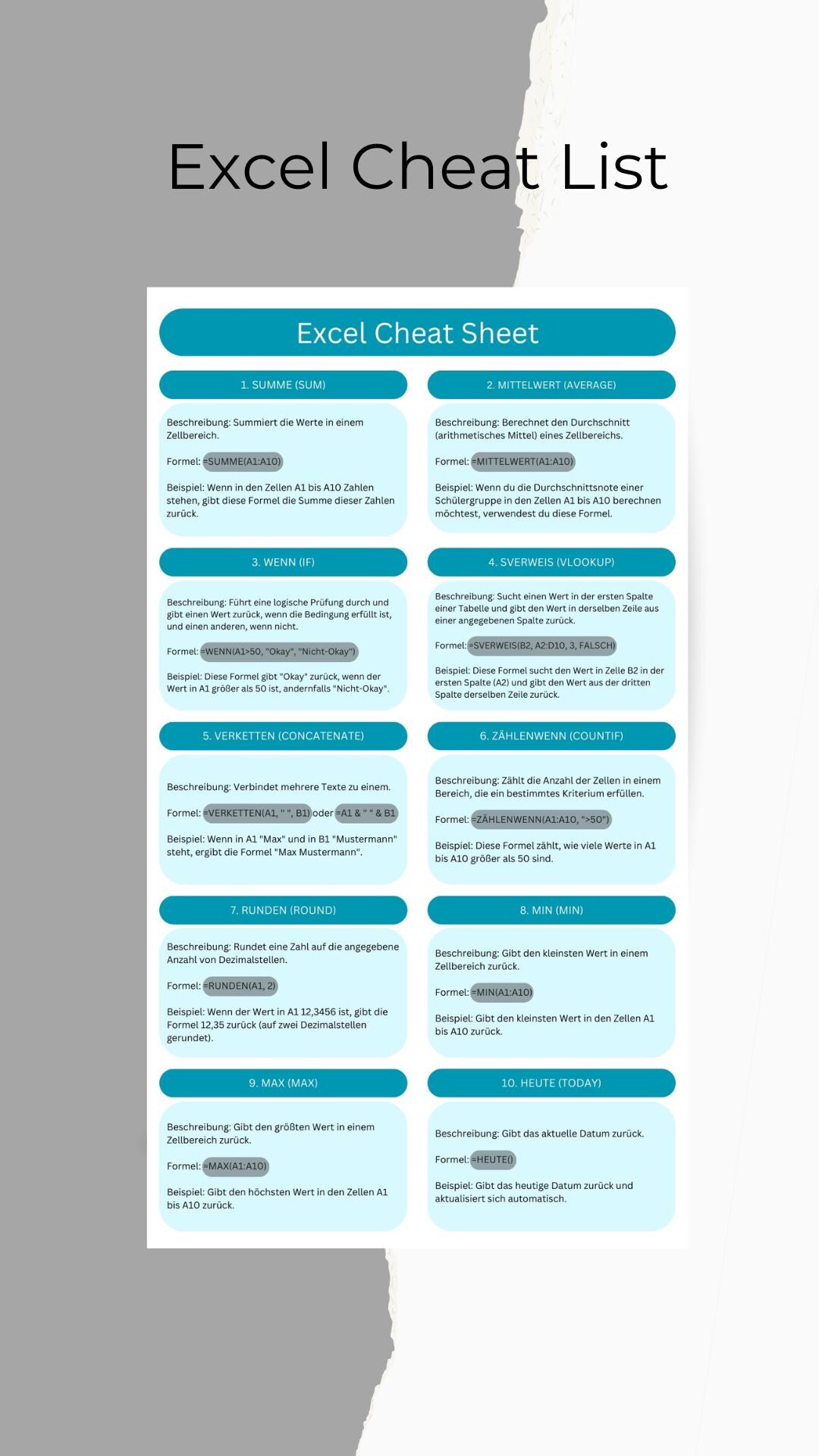 Cheat Sheet Cheat Sheet Excel Formulas Etsy