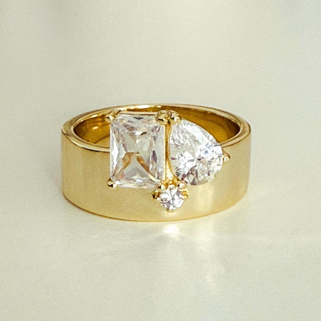 925 14k Gold Double Stone Ring, Pear Emerald Cut Ring, Wide Cigar Band ...