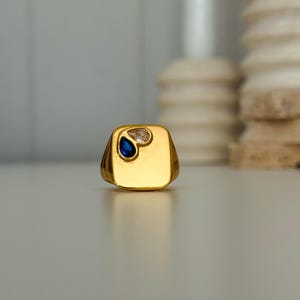 Chunky Gold Signet Ring, Oversized Blue Stone Signet for Women ...