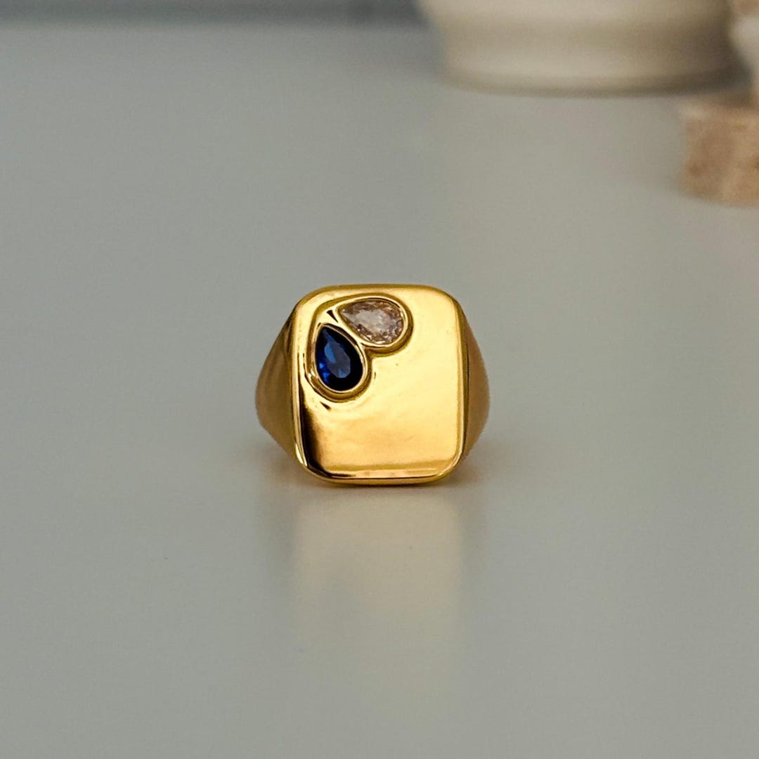 Chunky Gold Signet Ring, Oversized Blue Stone Signet for Women ...