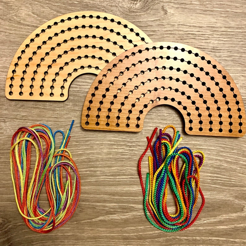 Wooden Rainbow Lacing Board With 6 Colored Laces Toddler Toy - Etsy