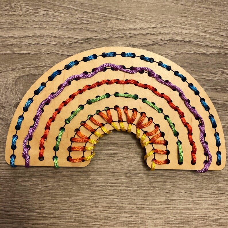 Wooden Rainbow Lacing Board With 6 Colored Laces Toddler Toy - Etsy