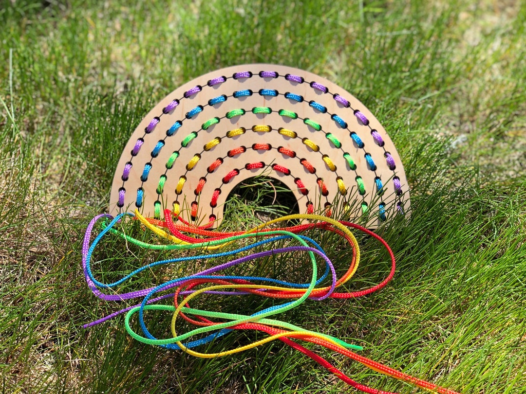 Wooden Rainbow Lacing Board With 6 Colored Laces - Toddler Toy Wood ...