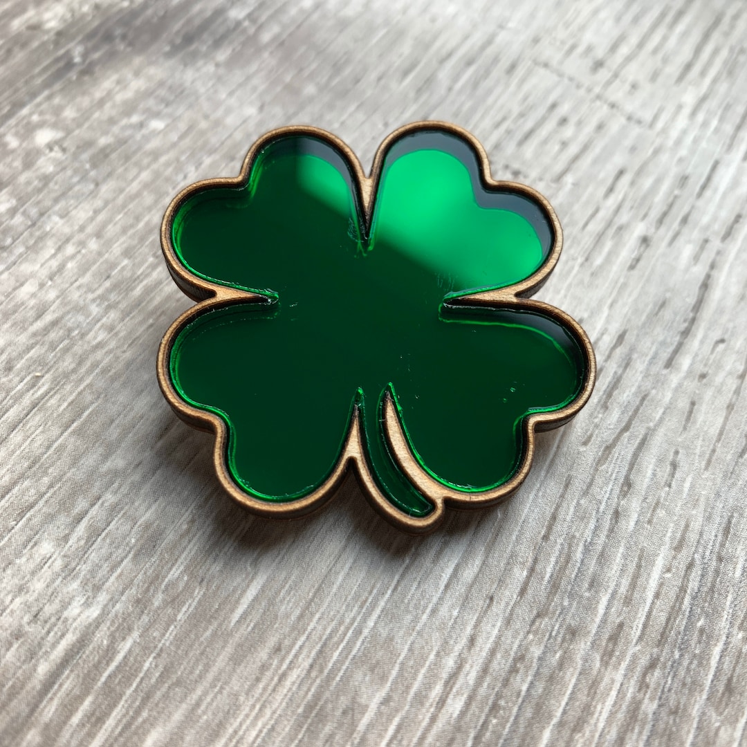 Green Mirrored Acrylic Shamrock Pin - 4 Leaf Clover Pin - Maple Wood ...
