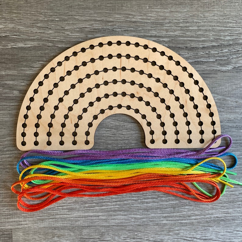 Wooden Rainbow Lacing Board With 6 Colored Laces Toddler Toy Wood ...
