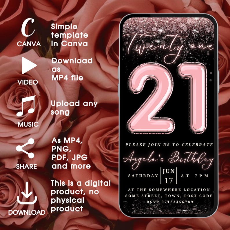 Animated Pink Balloon 21st Birthday Video Invitation, Modern Glam ...