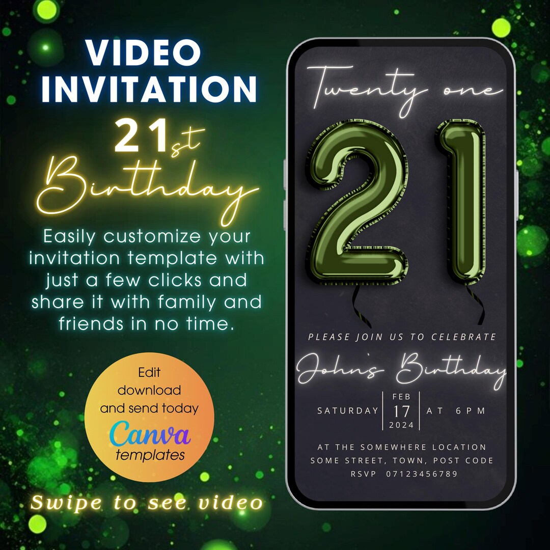 21st Green Birthday Invitation, 21st Black Party Invite, Green Balloon ...