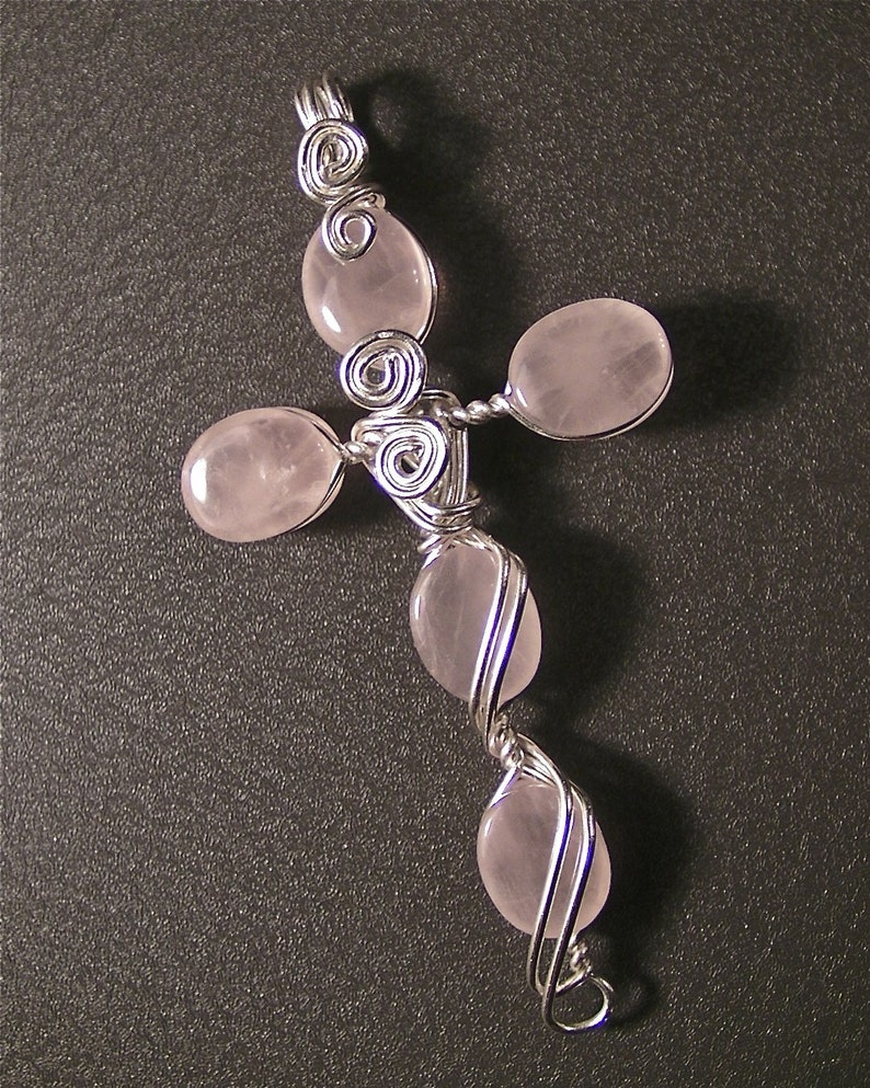 Soft Pink Rose Quartz, Silver Wire Pendant, Handcrafted Cross Pendant ...