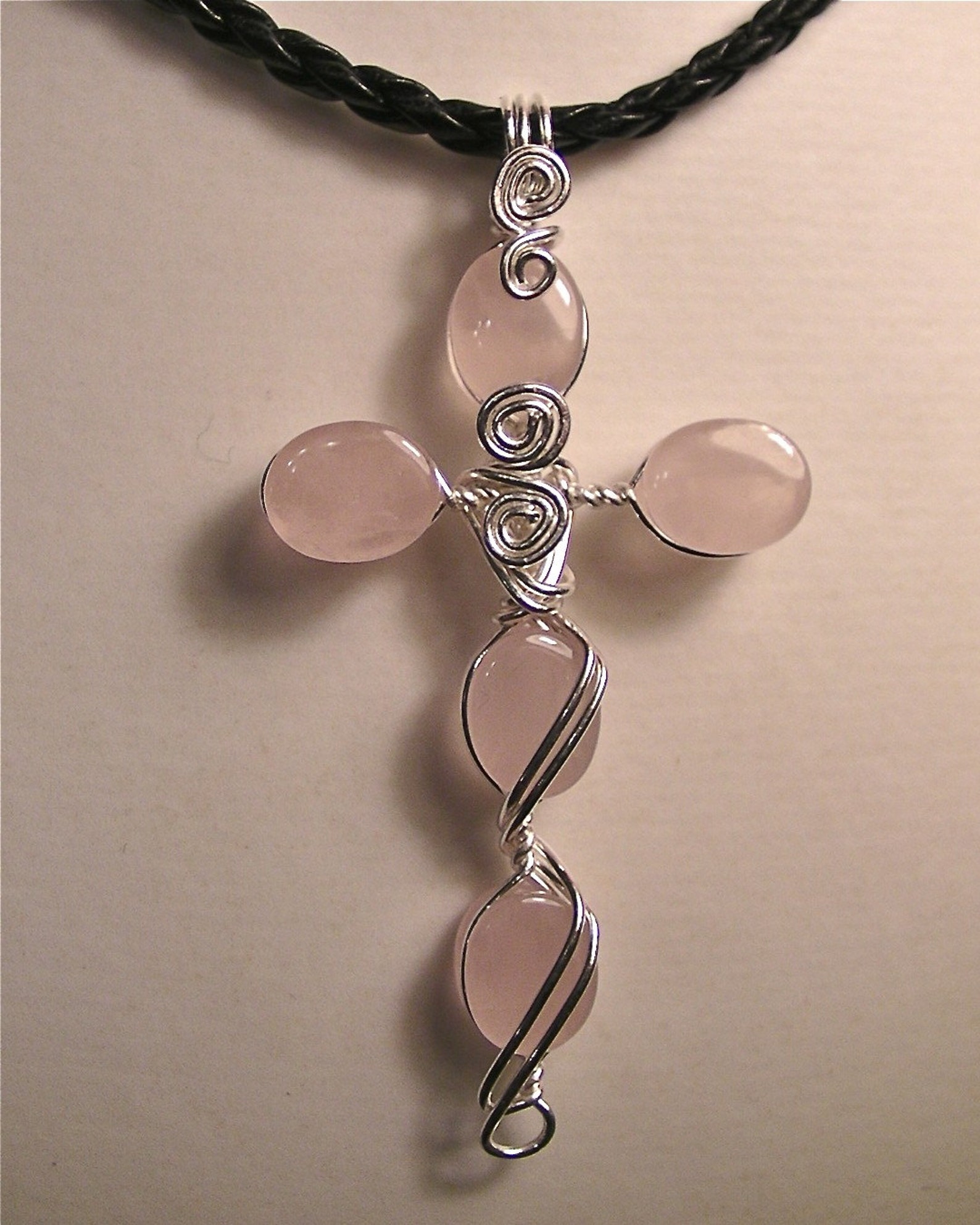 Soft Pink Rose Quartz, Silver Wire Pendant, Handcrafted Cross Pendant ...