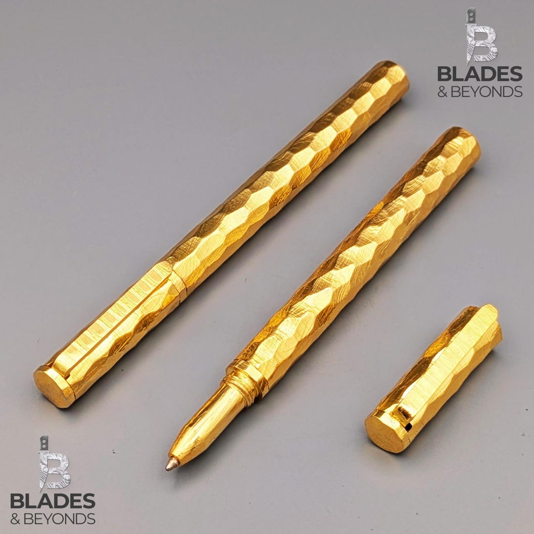 12K Gold Damascus Steel Pen: Hand-forged Artisan Penmanship Tool - Etsy