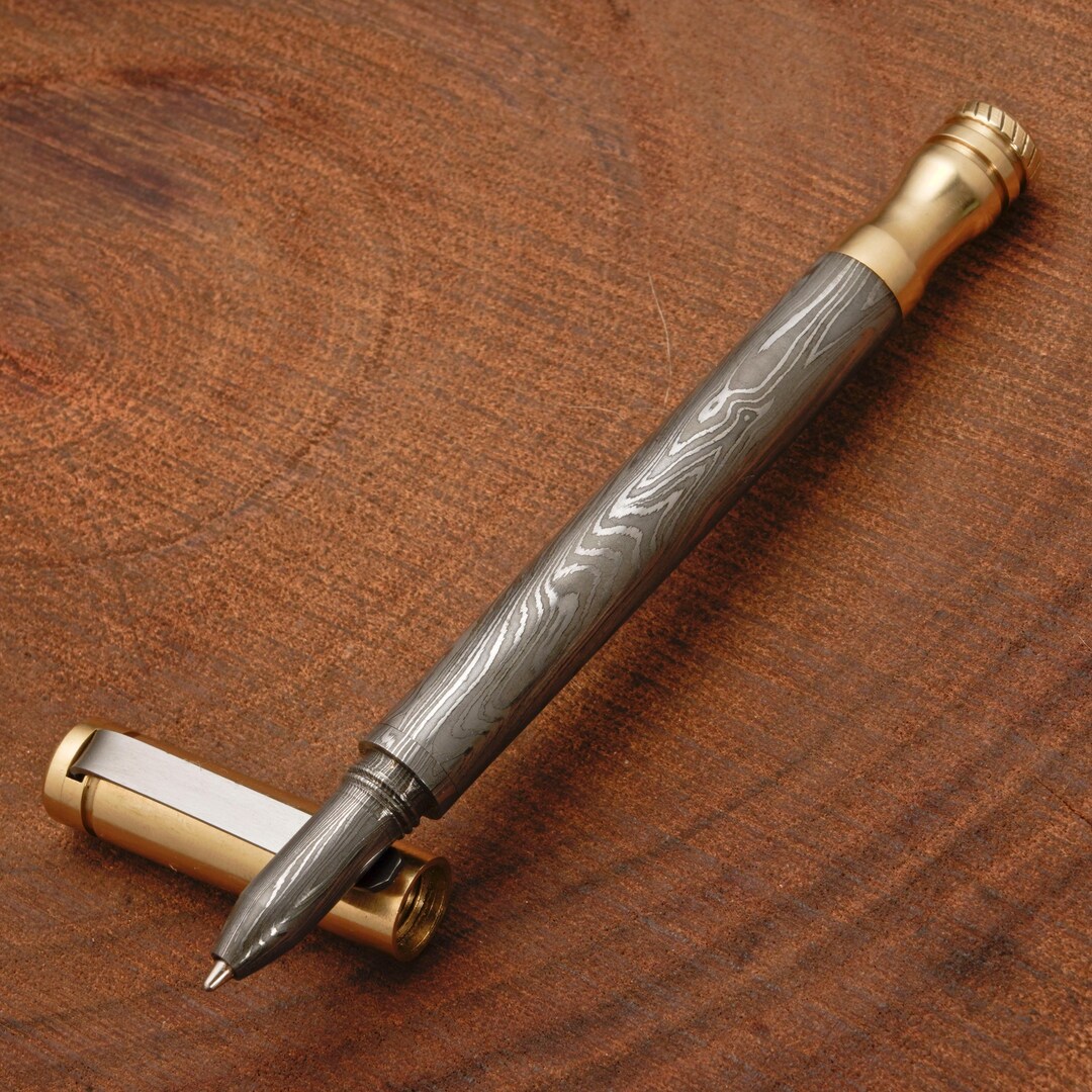 Handmade Damascus Steel Ballpoint Pen: Brass Cap, Extra Refill + Free ...