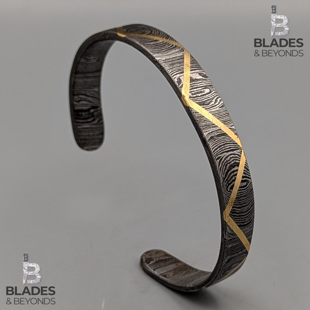 Damascus Steel & Brass Inlay Bracelet: Artisan Crafted Cuff - Etsy