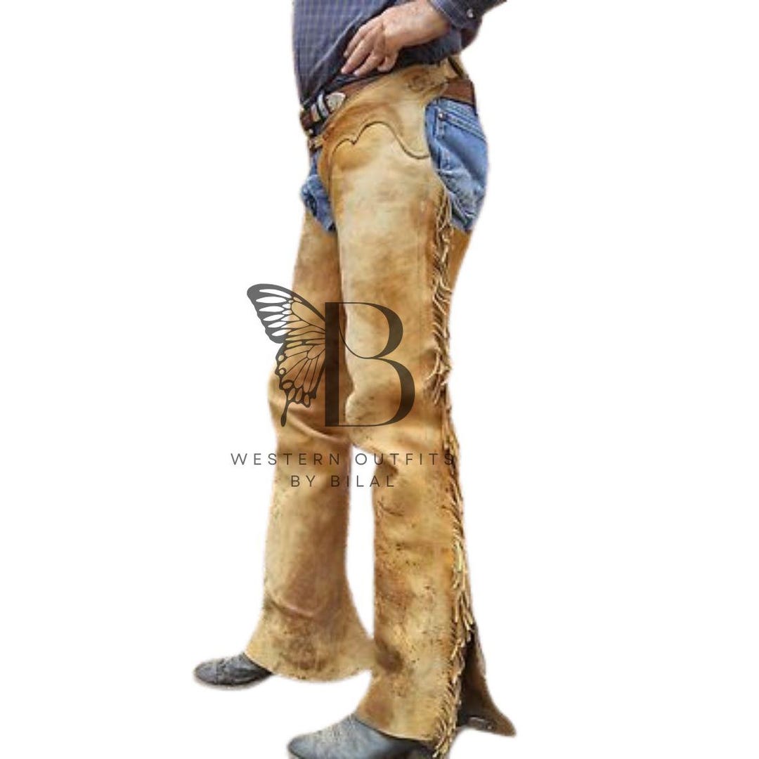 Mens Vintage Yellow Native American Leather Chap: Rodeo Cowboy Fringe ...