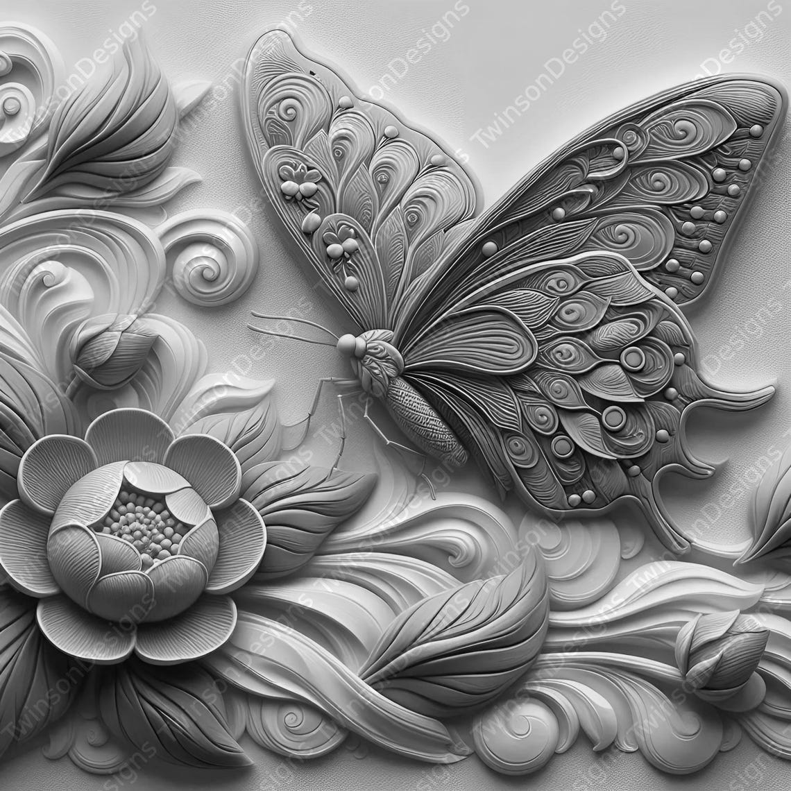 Bas Relief Butterfly Laser Engrave File | Floral Design (digital ...