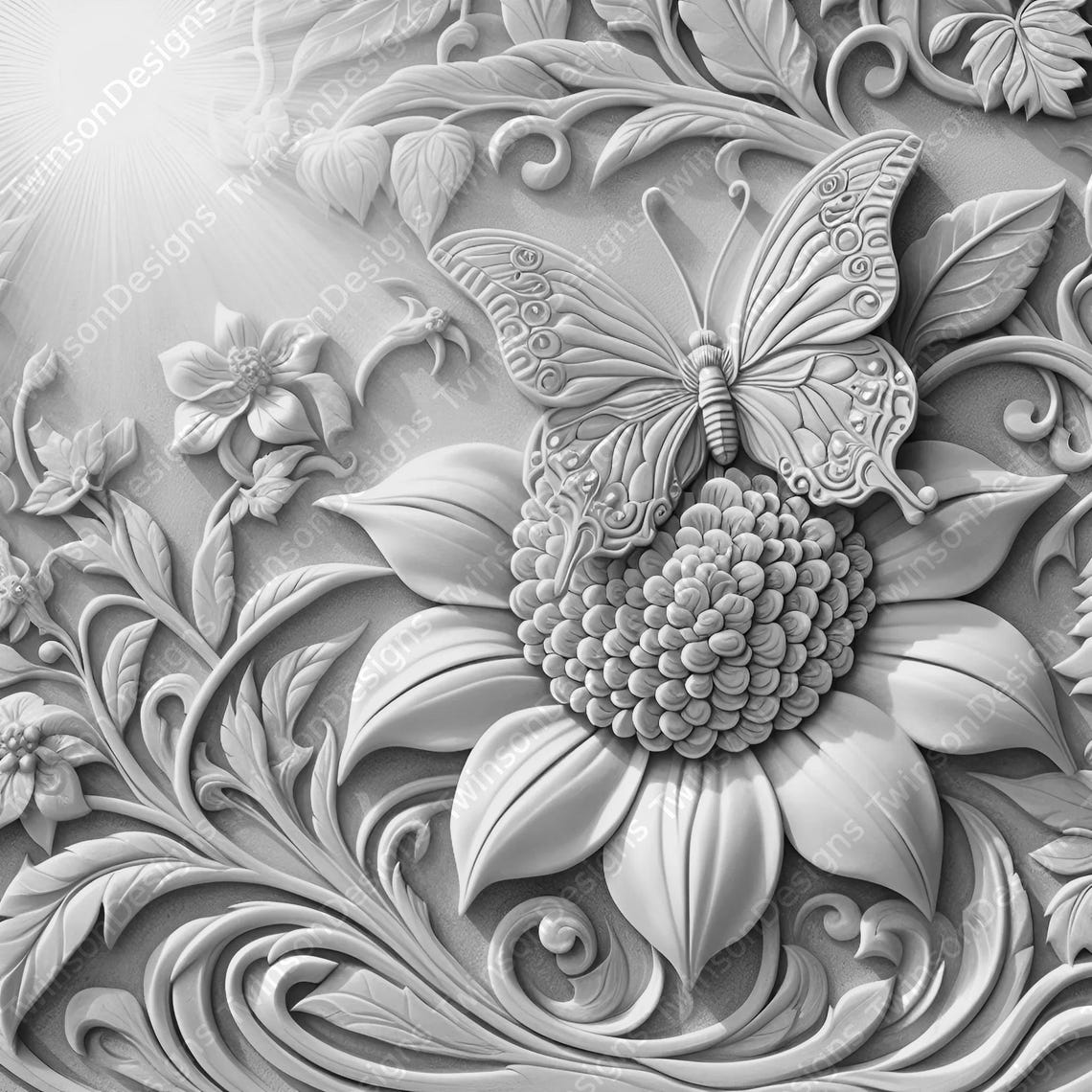 Bas Relief Butterfly Laser Engrave File | Floral Design (digital ...
