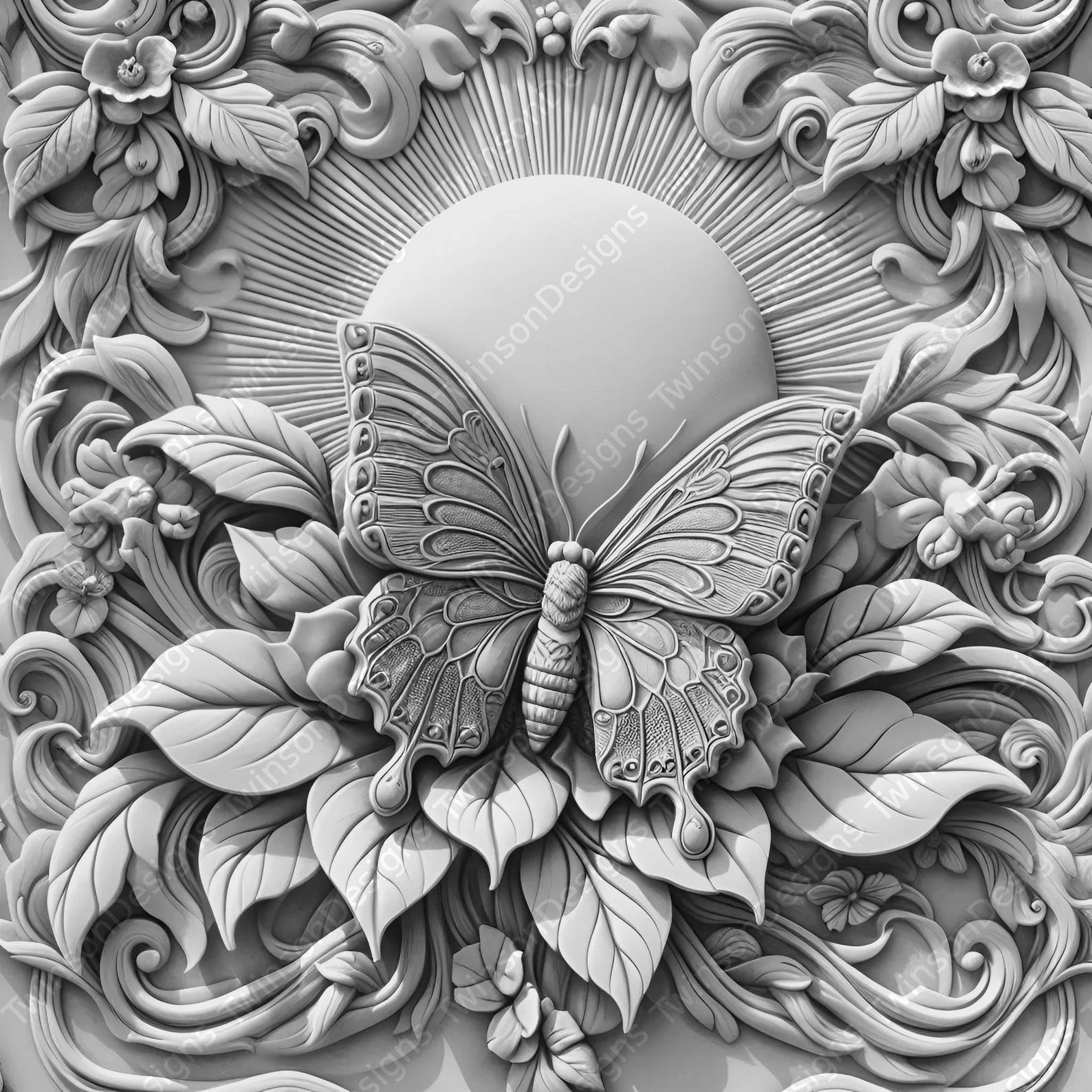 Bas Relief Butterfly Laser Engrave File | Floral Design (digital ...