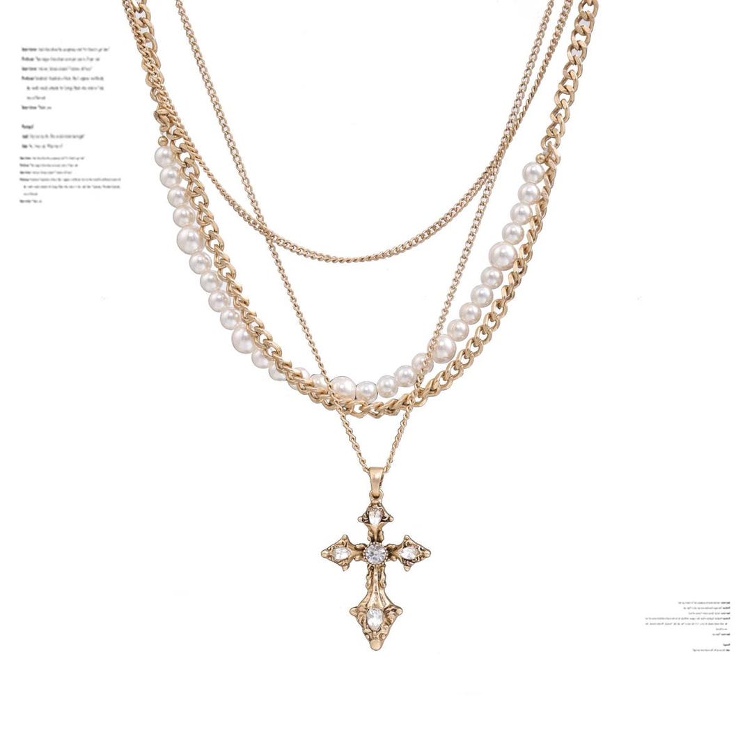 Layered Cross Pearl Necklace: Y2K Gothic Pendant Choker - Etsy
