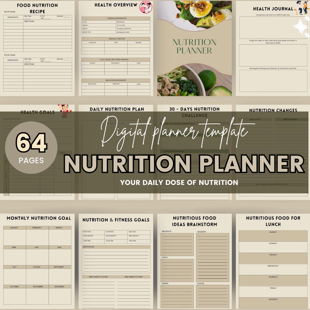 Nutrition Planner, Daily Meal Planner, Food Journal, Meal Plan Template ...