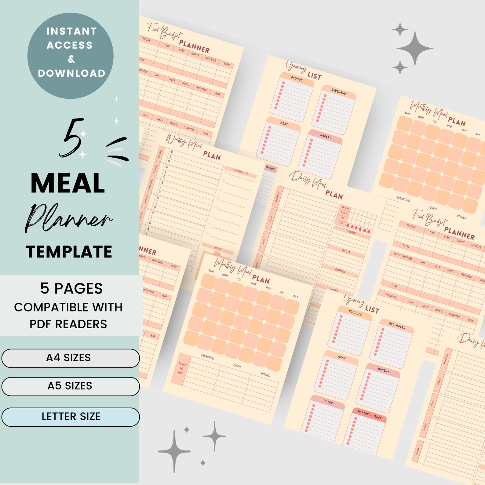 Printable Meal Plan for Busy Woman, Grocery List, Food Planner for Daily, Weekly & Monthly, Food ...