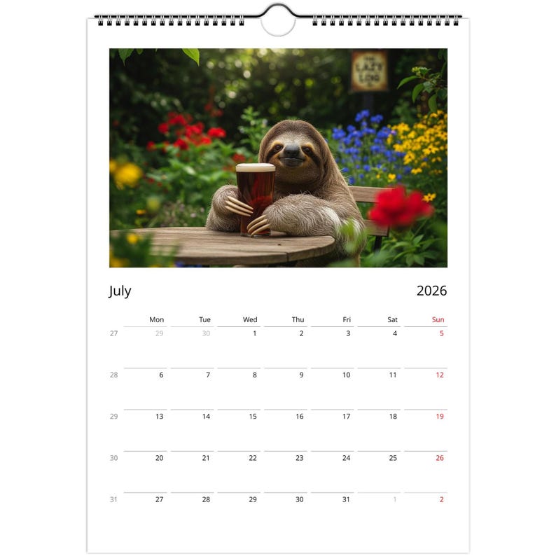 Sloth Calendar 2026 - Daily Activities - Etsy