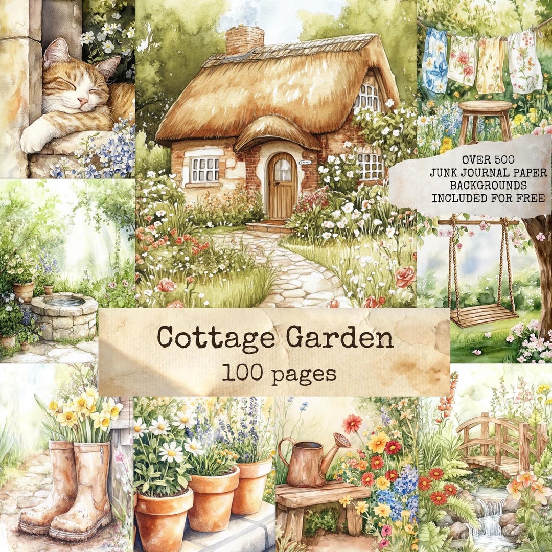 Cottage Garden, Cottagecore Junk Journal Pages, Watercolor Floral Art ...