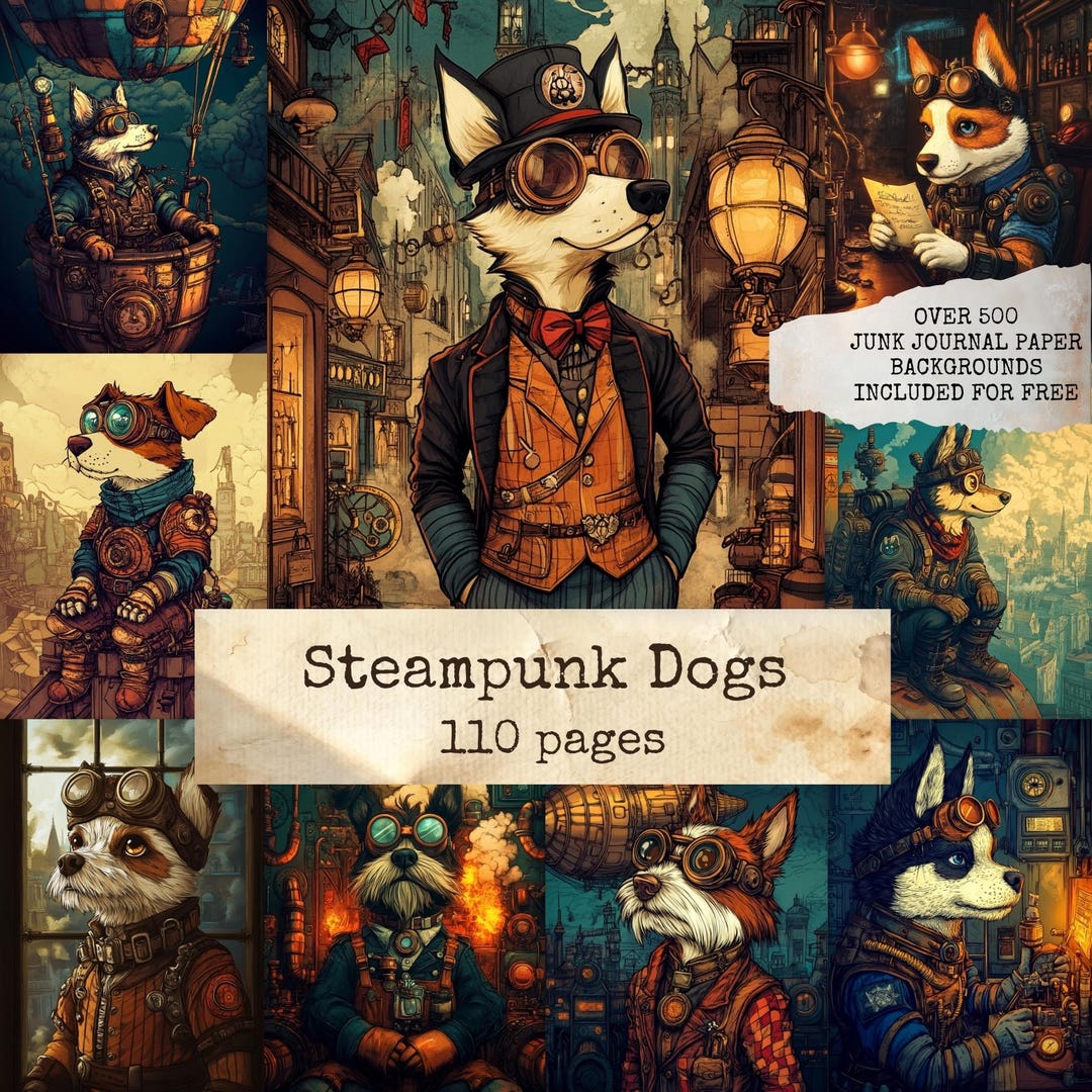 Steampunk Dogs Junk Journal Pages, Mechanical Dog Art Digital Papers ...