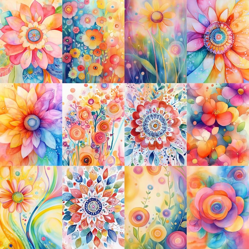 Colorful Flowers Digital Papers, Watercolor Flower Backgrounds, Floral ...