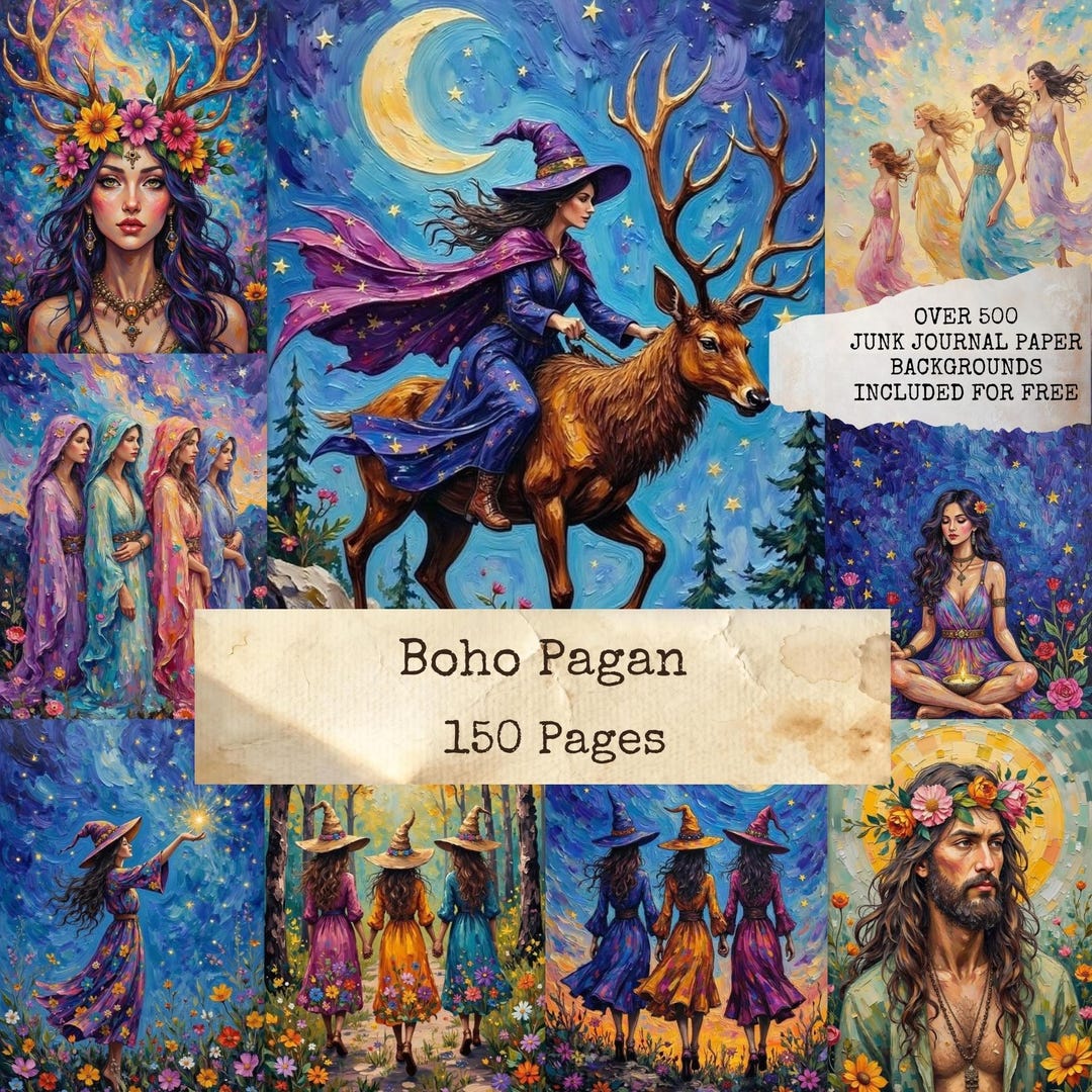 Boho Pagan Journal Pages, Oil Paint Art Digital Paper, Fantasy Witch ...