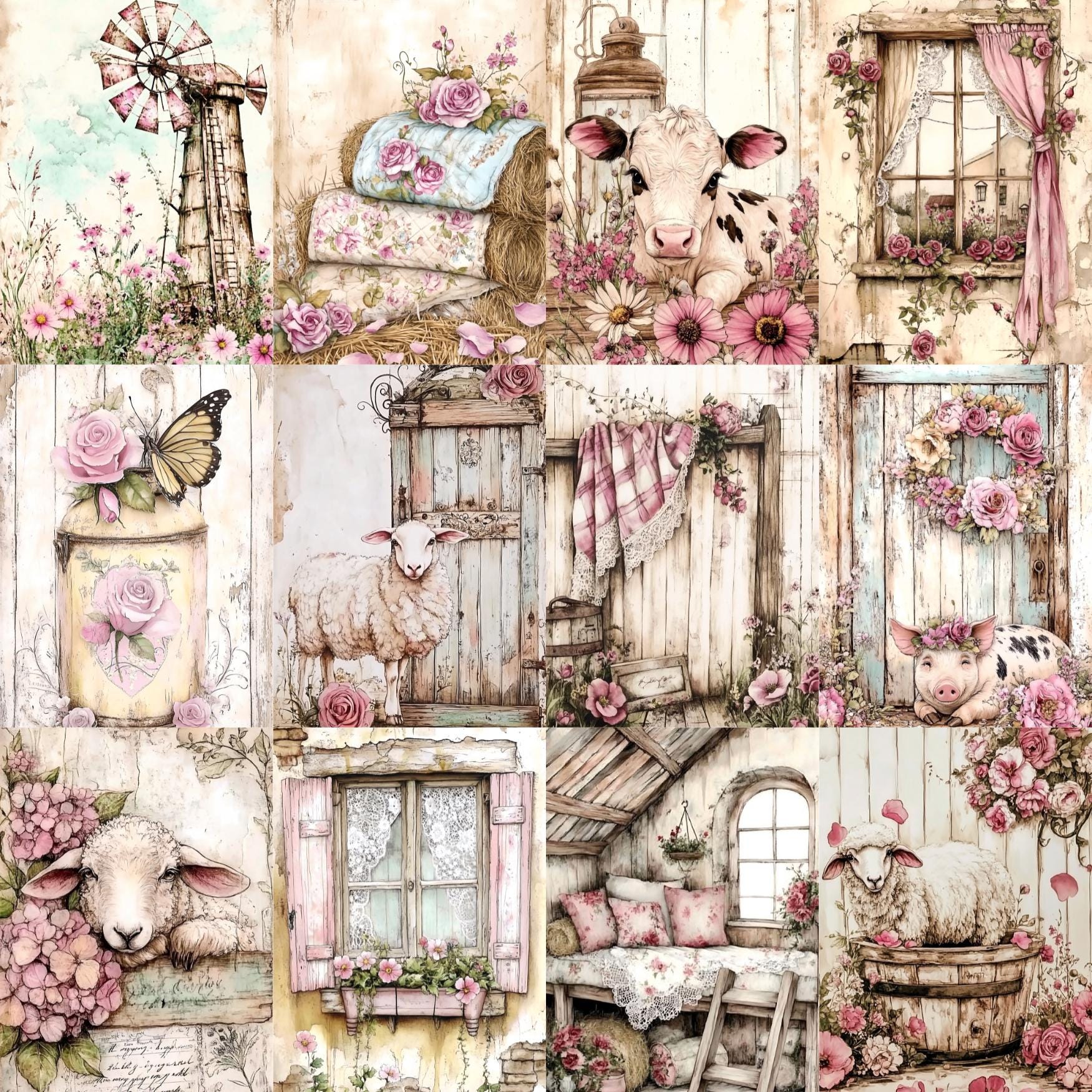 Shabby Chic Farm Junk Journal Pages, Floral Junk Journal Pages, Pastel ...