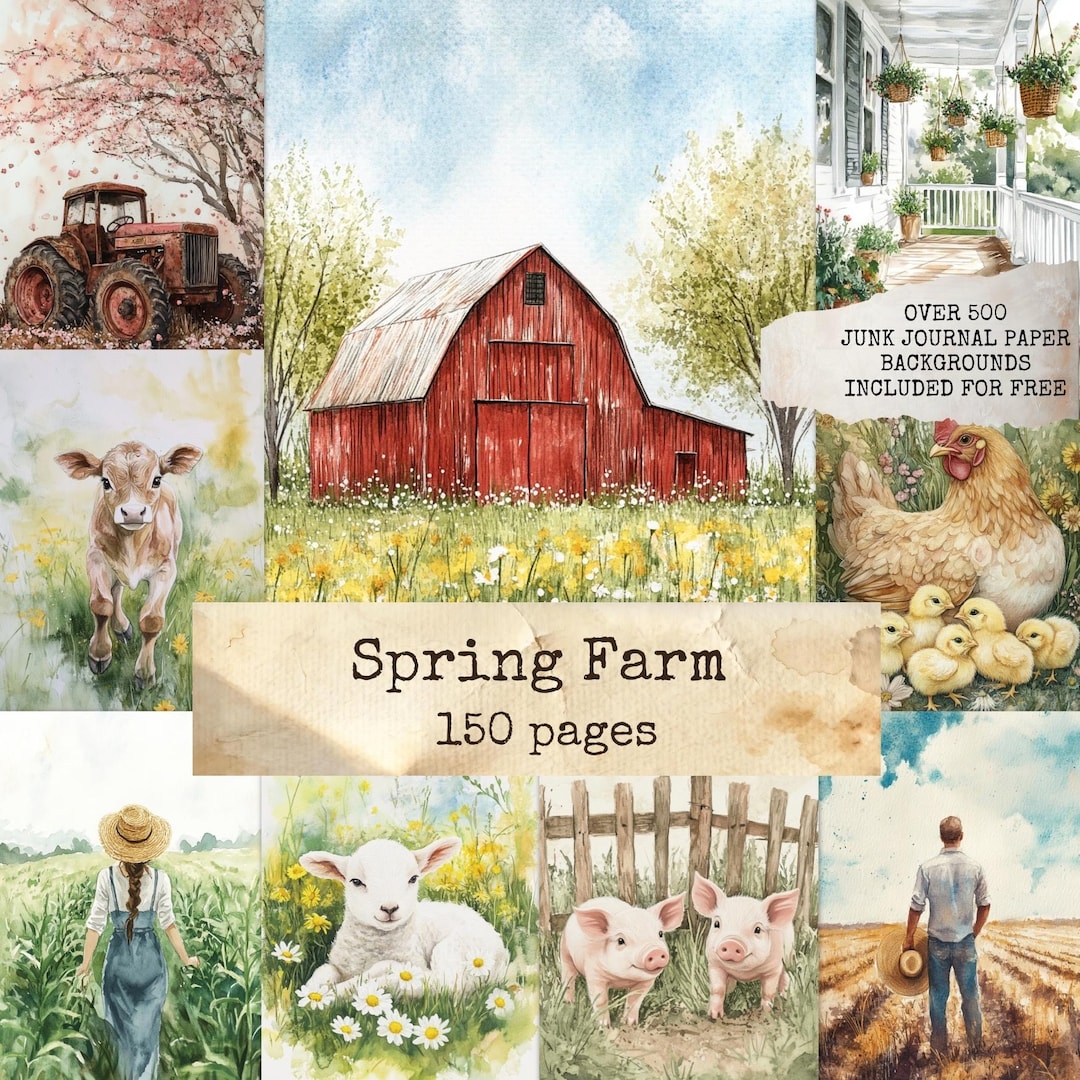 Spring Farm Art Digital Paper Kit, Farm Animals Art, Cottage Farm Junk ...