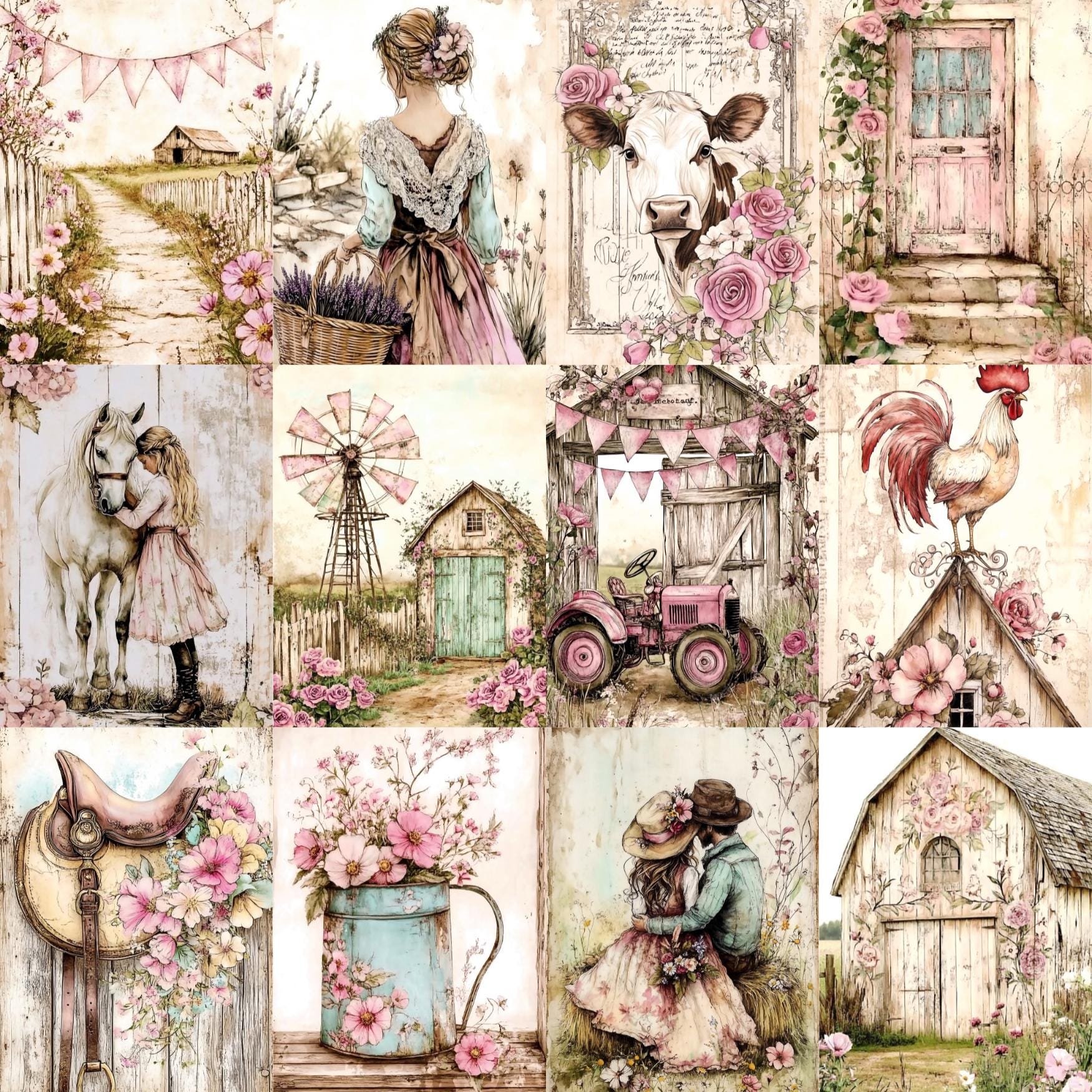 Shabby Chic Farm Junk Journal Pages, Floral Junk Journal Pages, Pastel ...