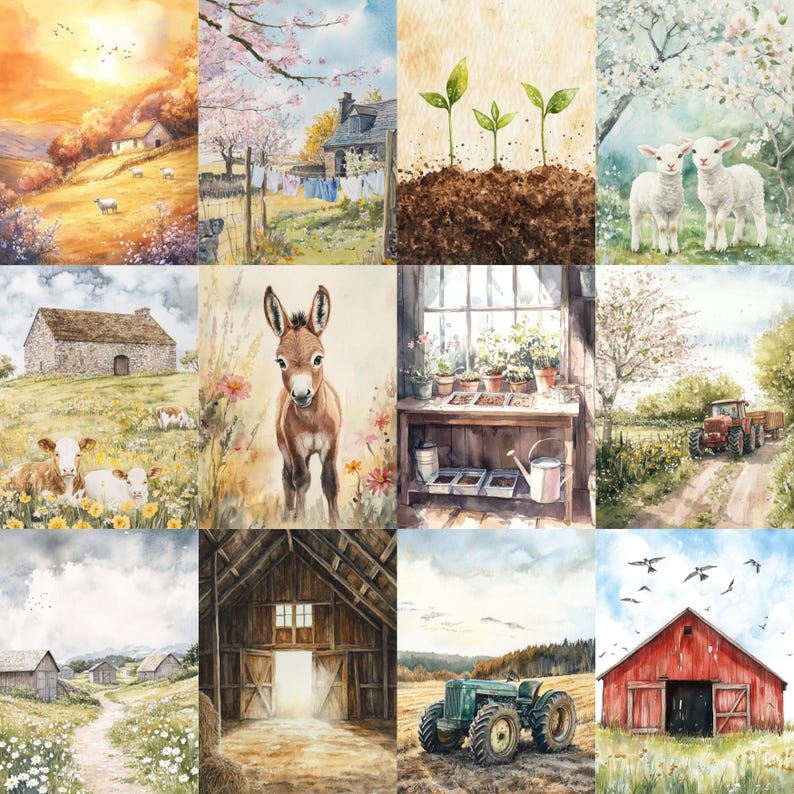 Spring Farm Art Digital Paper Kit, Farm Animals Art, Cottage Farm Junk ...