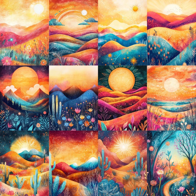 Boho Landscapes Digital Papers, Bohemian Landscape Junk Journal Pages ...